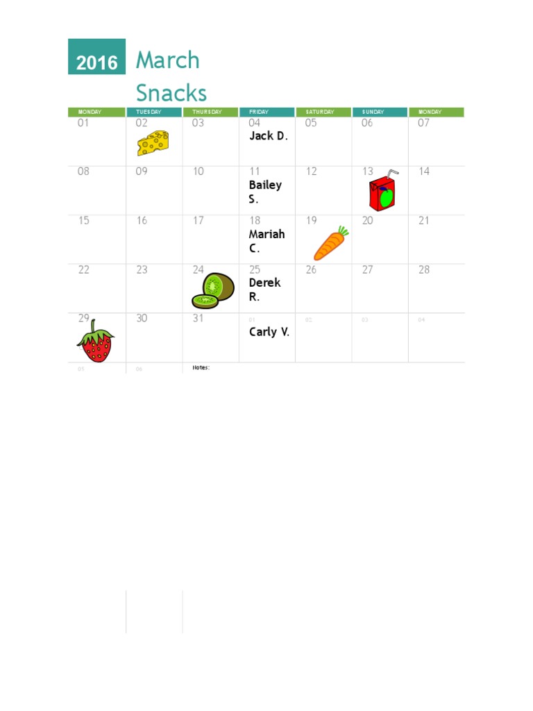 March 2016 Snack Schedule | PDF