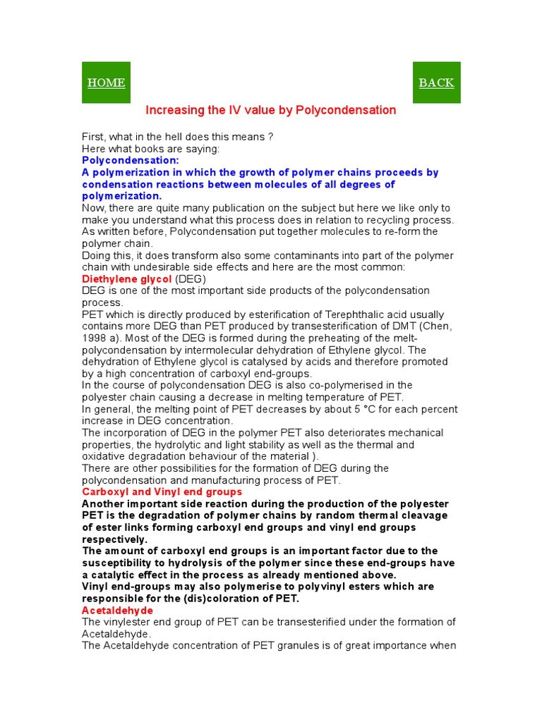 Pet Polycondensation Side Reactions | PDF | Polymers | Polymer Chemistry