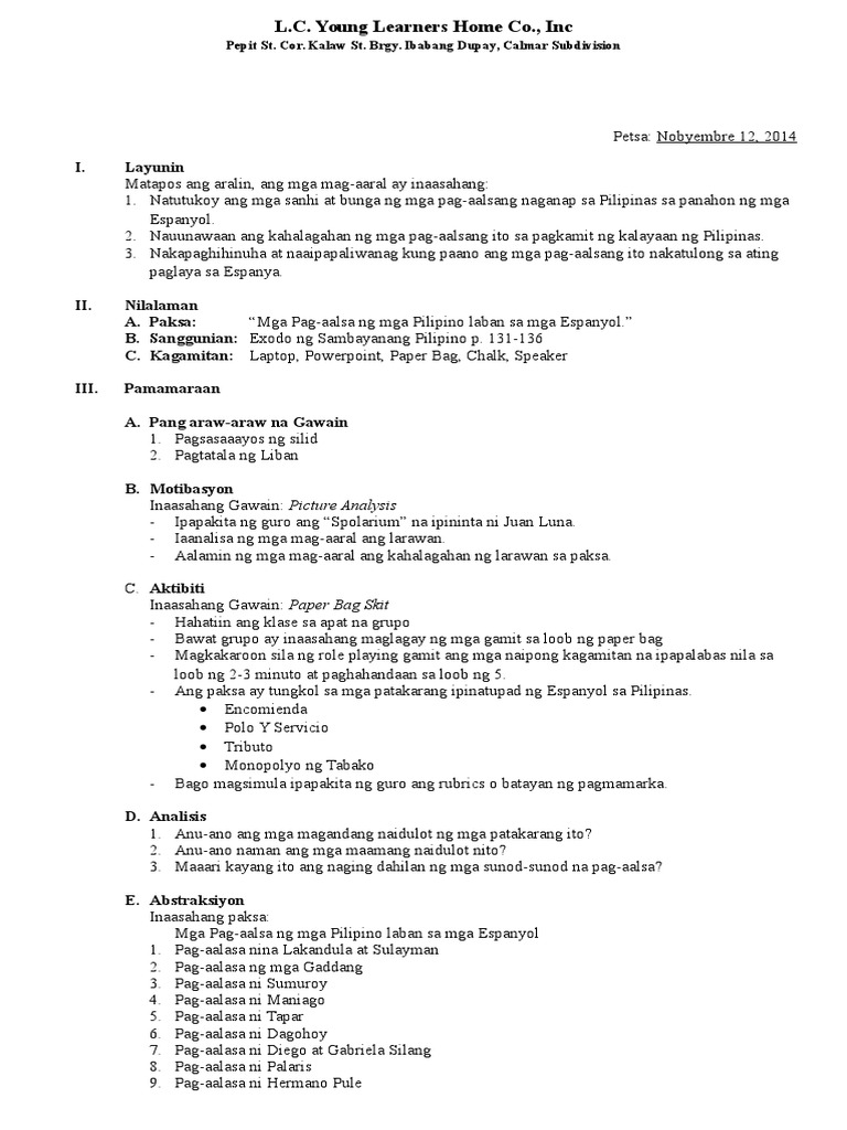 Lesson Plan - (AP1) Ang Pag-Aalsa NG Mga Pilipino | PDF