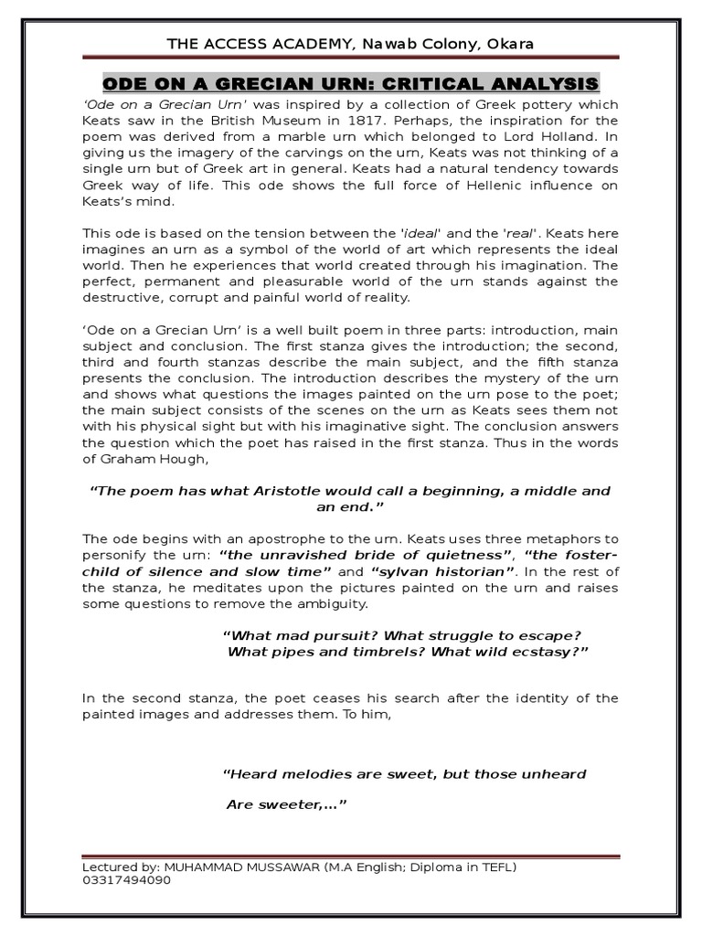Ode on a Grecian Urn Analysis | PDF | John Keats | Poetry