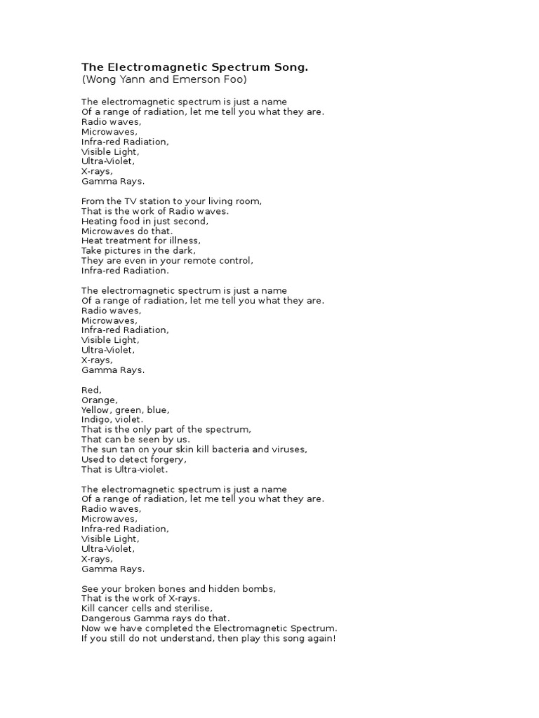 The Electromagnetic Spectrum Song | PDF