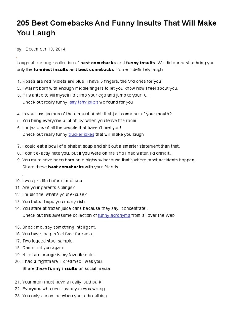 205 Best Comebacks and Funny Insults That Will Make You Laugh PG | PDF
