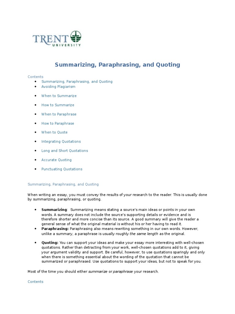Summarizing Paraphrasing and Quoting | PDF | Ellipsis | Plagiarism