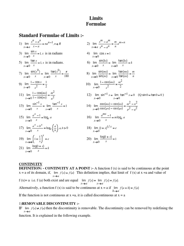 Limits Formulae Standard Formulae of Limits | PDF | Continuous Function ...