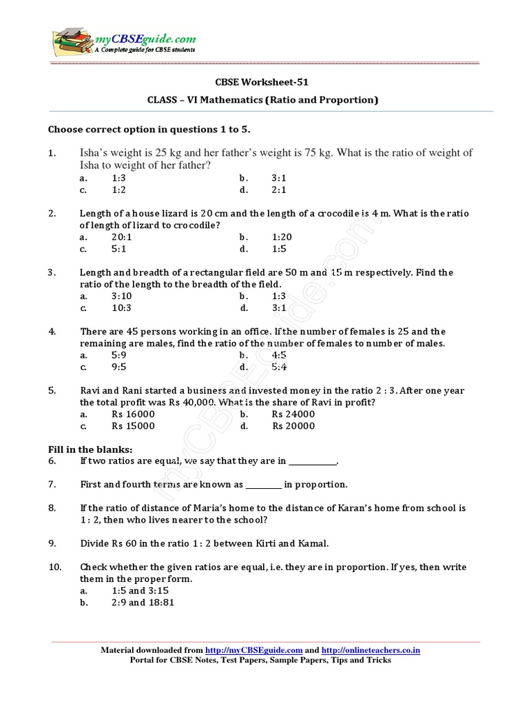 Class 6 Ratio and Proportion Worksheet | PDF | Career & Growth ...