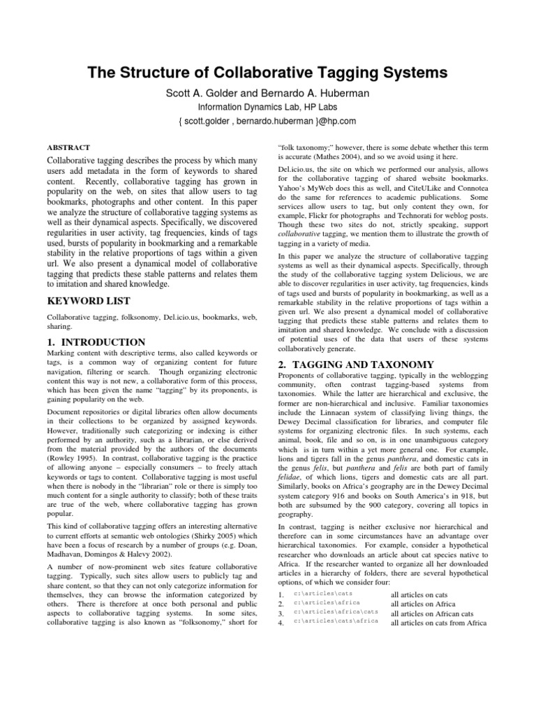 Analyzing Collaborative Tagging Systems | PDF | Tag (Metadata ...
