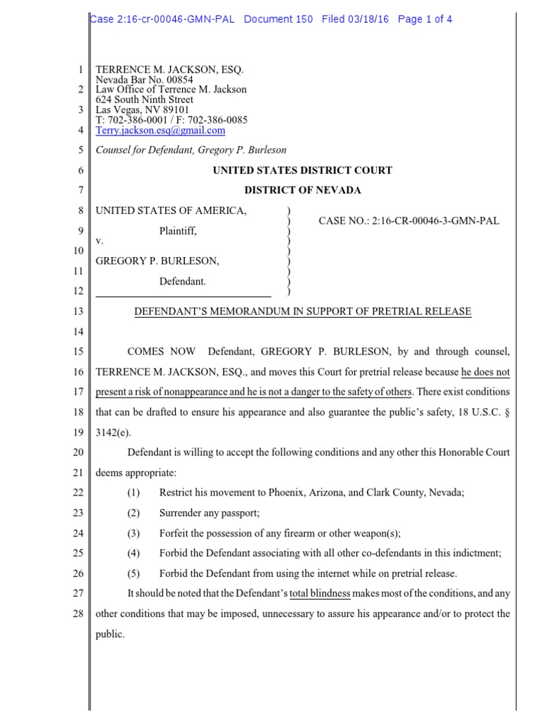 2016-03-18 ECF 150 Usa v Gregory Burleson - Memorandum Re Pretrial ...