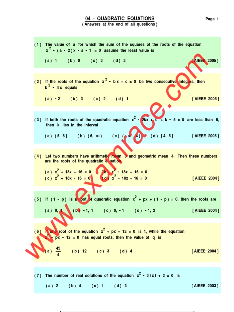 Mathematics Quadratic Equation MCQ | PDF