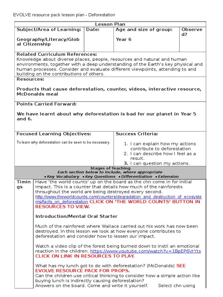 Deforestation Lesson Plan for Year 6 | PDF