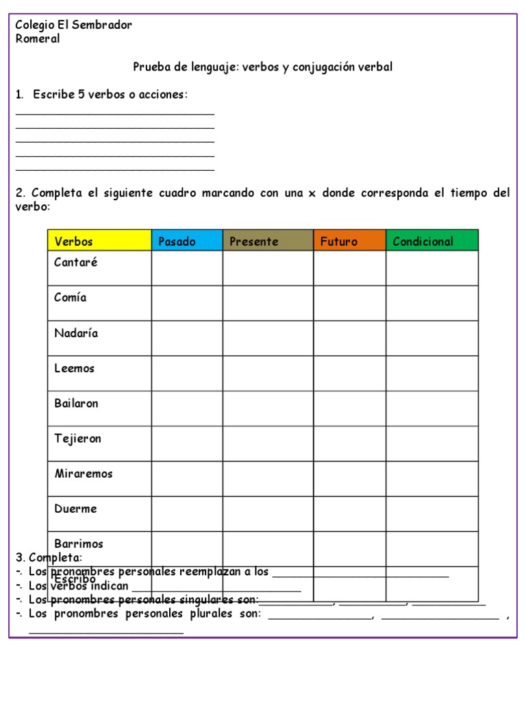 Prueba de Verbos y Pronombres en Lenguaje | PDF | Conjugación ...