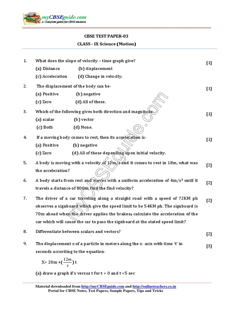Class 09 Science Motion Sample Test 03 | PDF | Teaching Methods & Materials