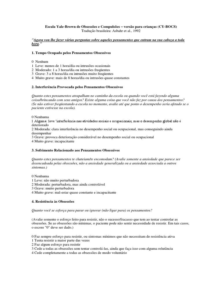 Escala Yale-Brown de Obsessões e Compulsões - Versão para Crianças (CY ...