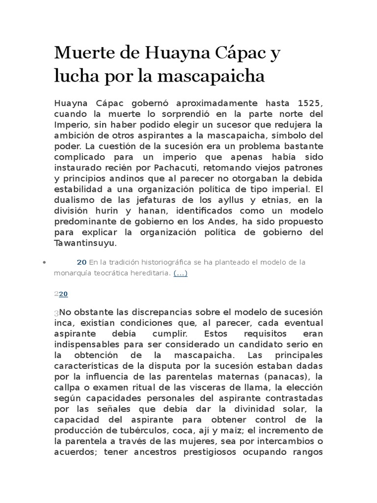 Muerte de Huayna Cápac y Lucha Por La Mascapaicha | PDF | Imperio Inca ...