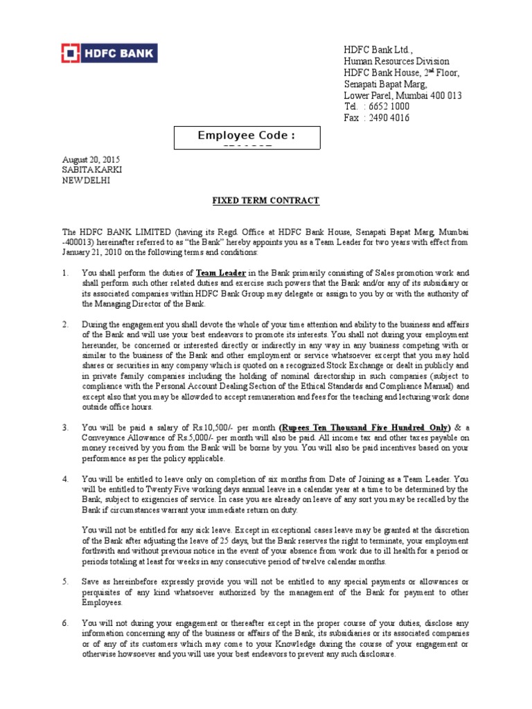 Hdfc Offer Letter | Employment | Banks