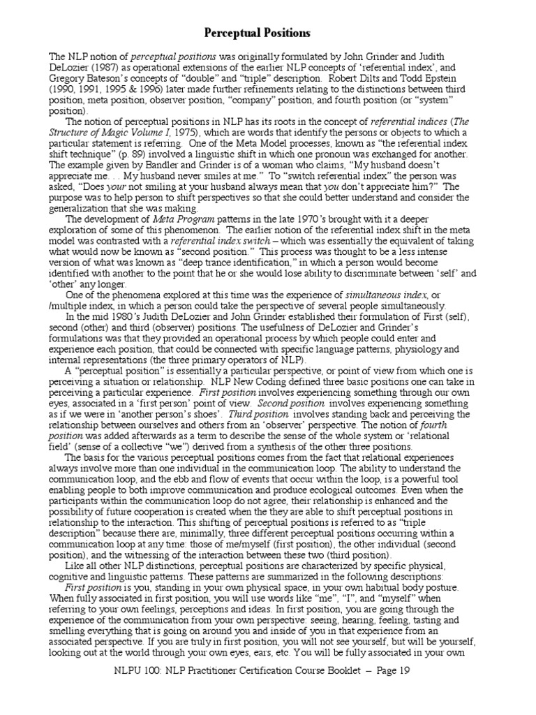 NLPU 100 Perceptual Positions-S | PDF | Neuro Linguistic Programming ...