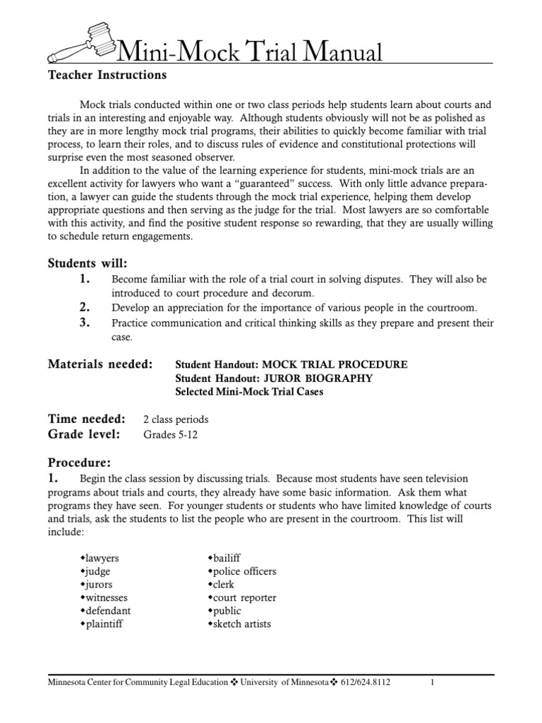 Mini Mock Trial Manual | PDF | Cross Examination | Witness