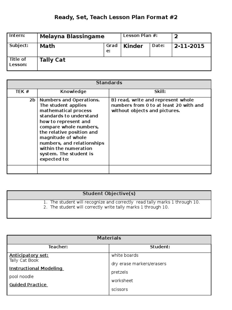 Ready, Set, Teach Lesson Plan Format #2: Standards | PDF | Lesson Plan ...