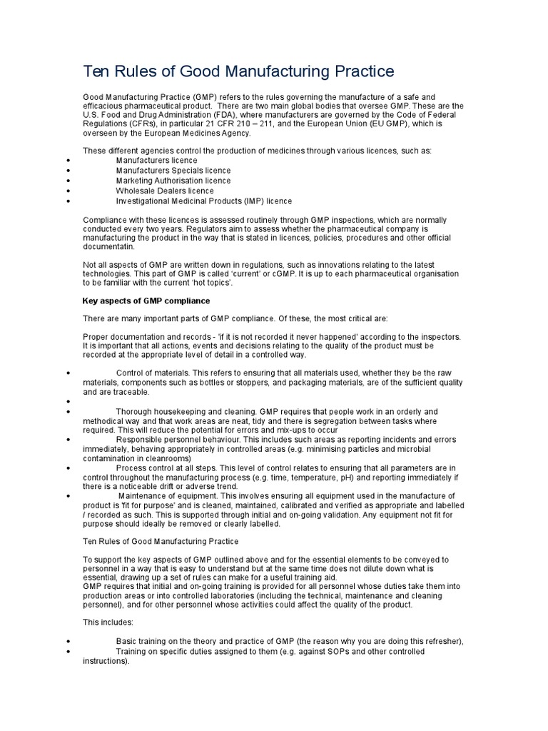 Ten Rules of Good Manufacturing Practice | PDF | Industries ...