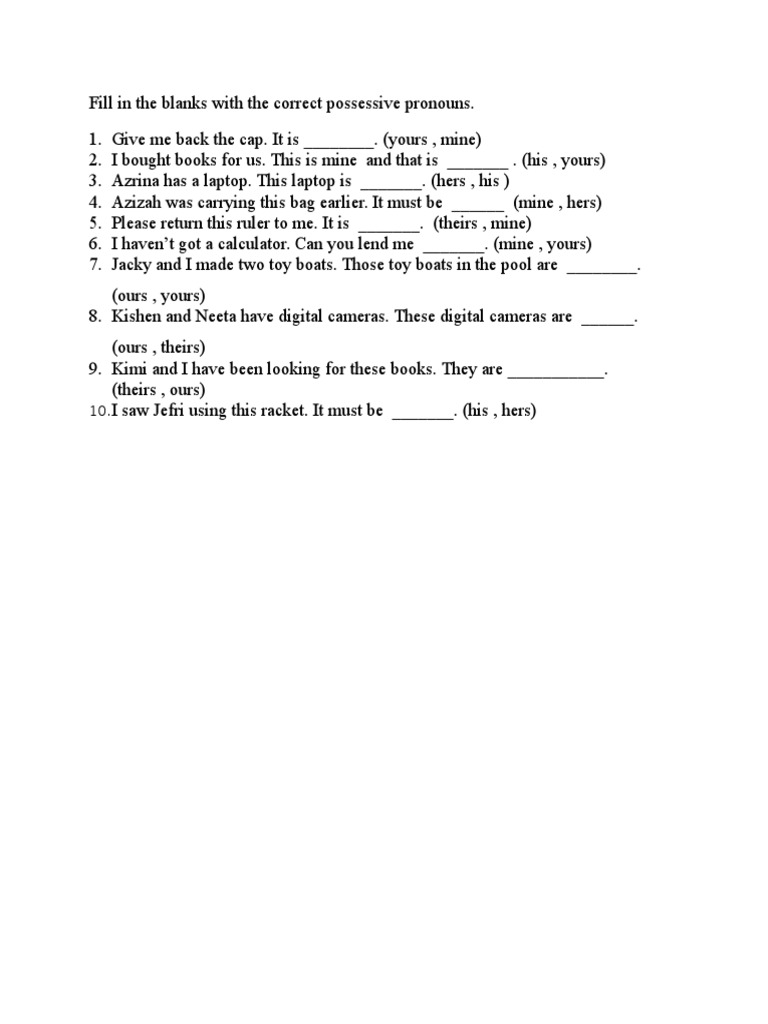 Possessive Pronouns Worksheet | PDF