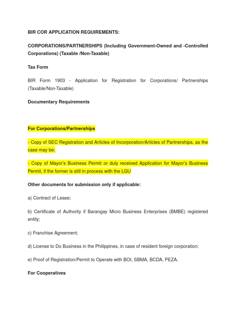 Bir COR Application Requirements | PDF | Corporations | Payments