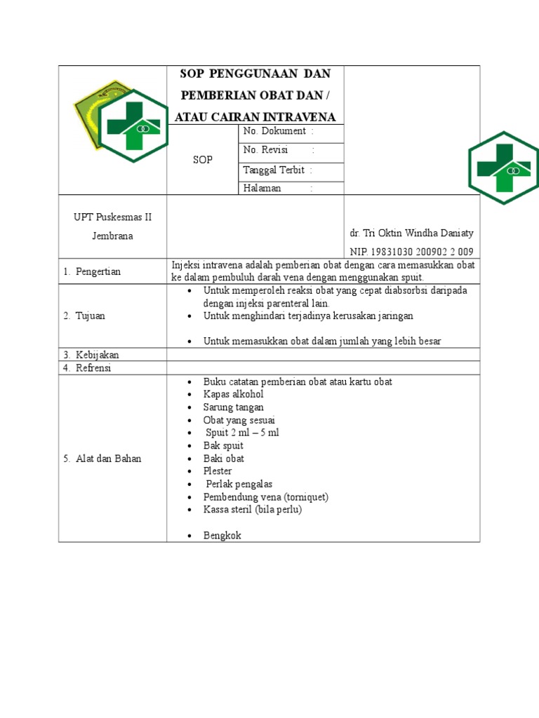 Sop Penggunaan Dan Pemberian Obat Dan Atau Cairan Intravena | PDF