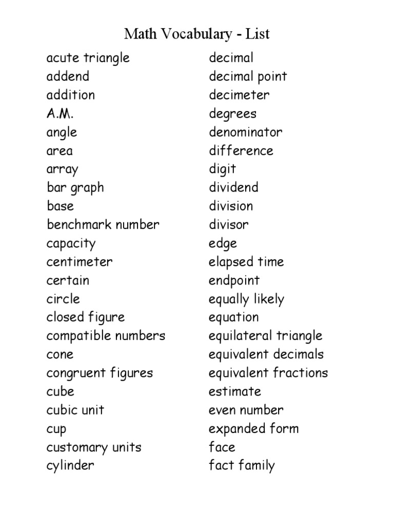 Math Vocabulary - List | PDF | Triangle | Rectangle