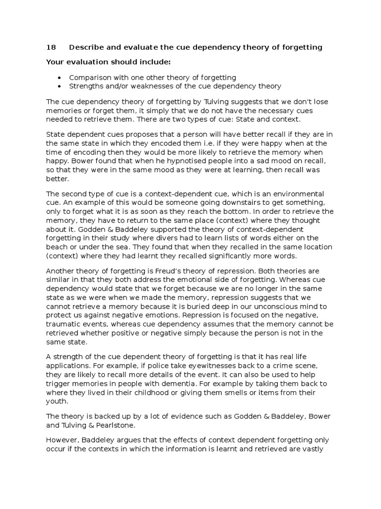 The Cue Dependency Theory of Forgetting by Tulving Essay Question | PDF | Recall (Memory) | Memory