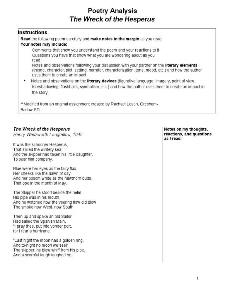 Wreck of Hesperus Analysis | PDF | Poetry | Narrative