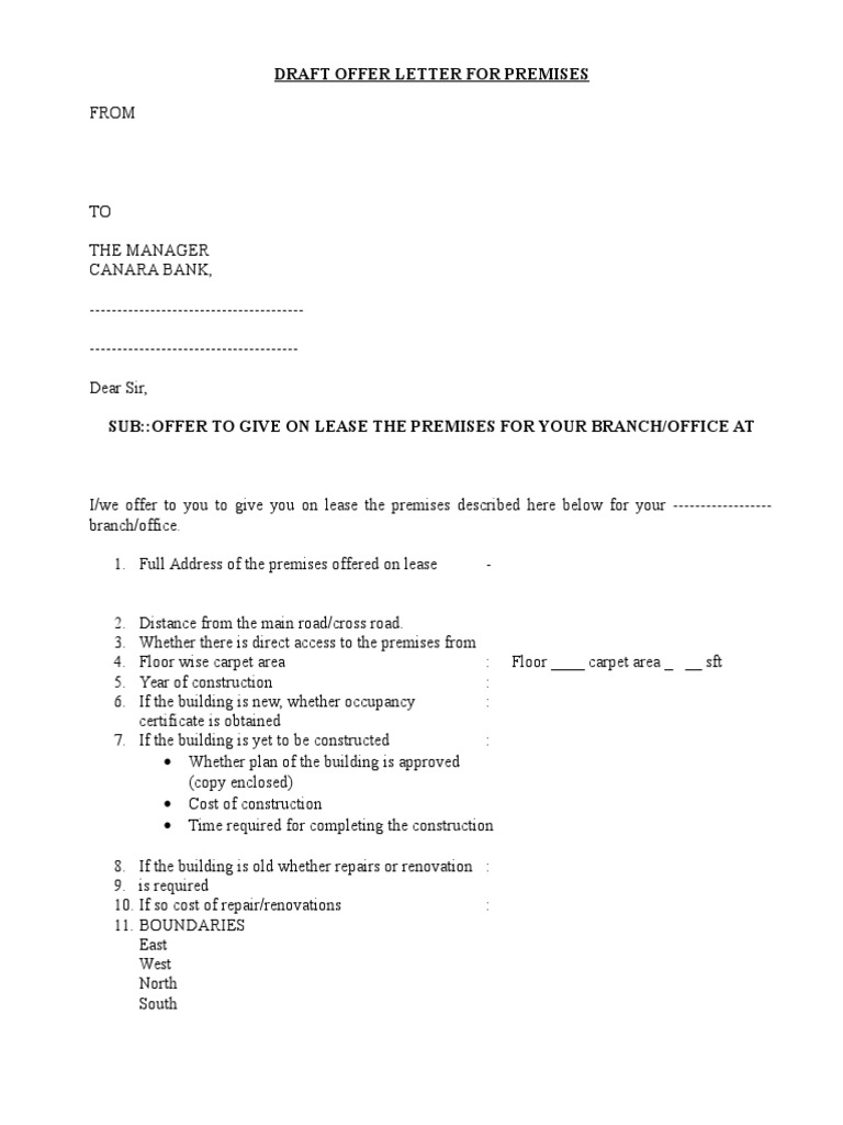 Draft Offer Letter for Premises | Lease | Renting