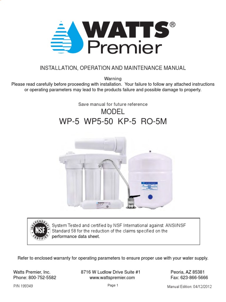 Watts Premier INSTALLATION, OPERATION AND MAINTENANCE MANUAL WP5 | PDF ...
