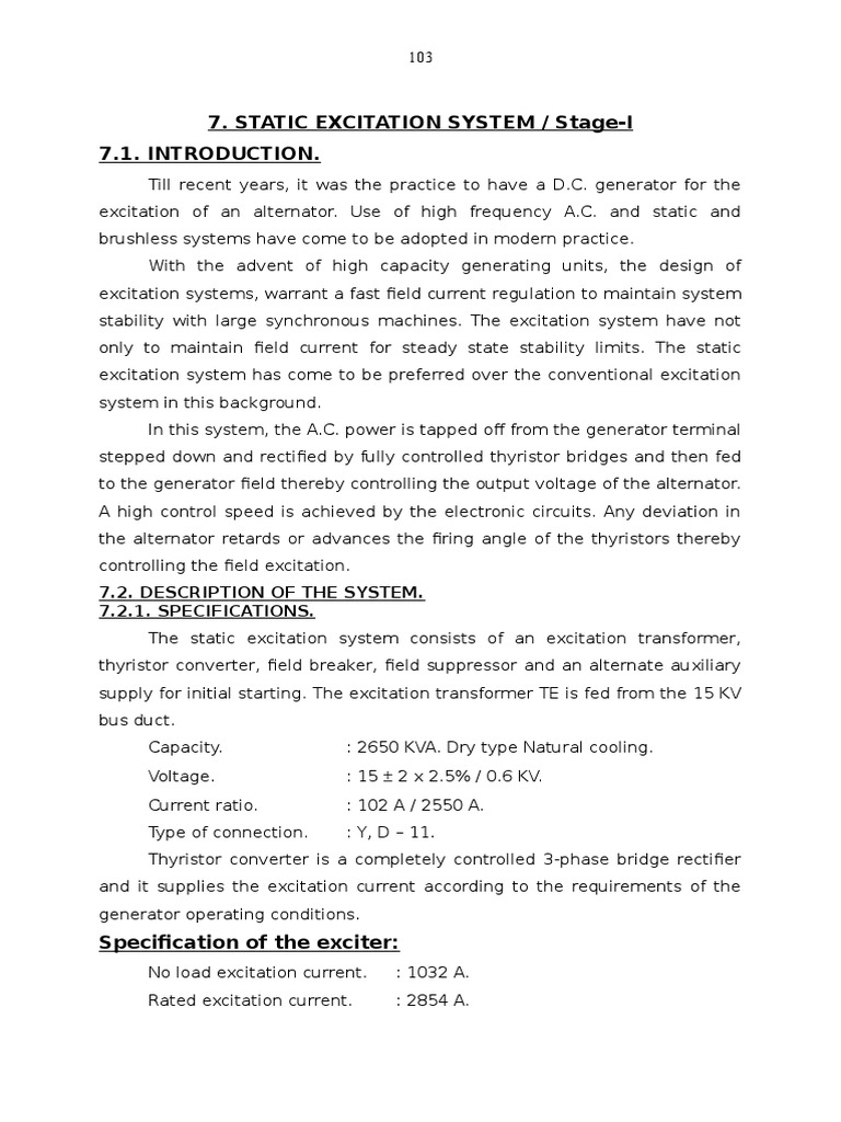 Static Excitation System Stage-I. 2doc | PDF | Rectifier | Transformer