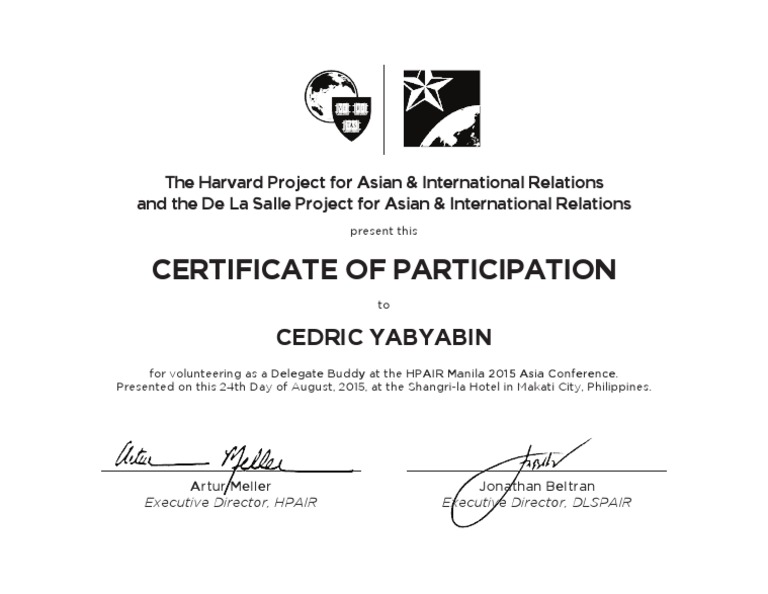 HPAIR Manila 2015 Participation Certificate | PDF