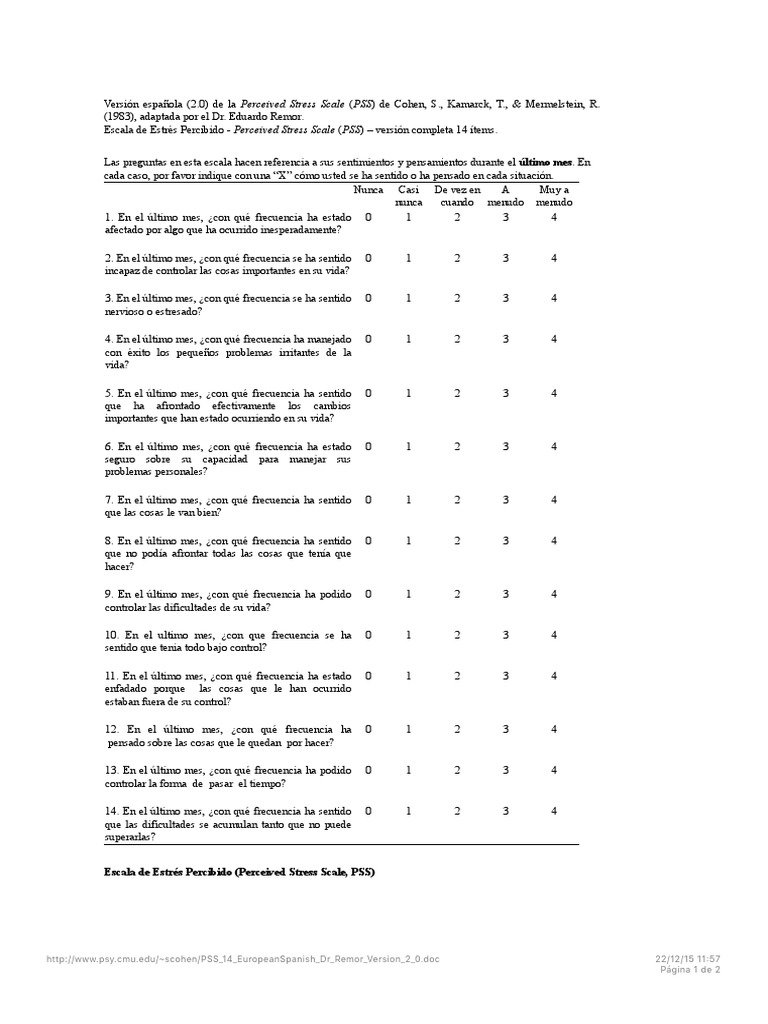 Versión Española de La Perceived Stress Scale (PSS) | PDF