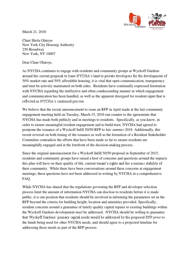 Fifth Avenue Committee/FUREE Letter To NYCHA On Infill | PDF ...