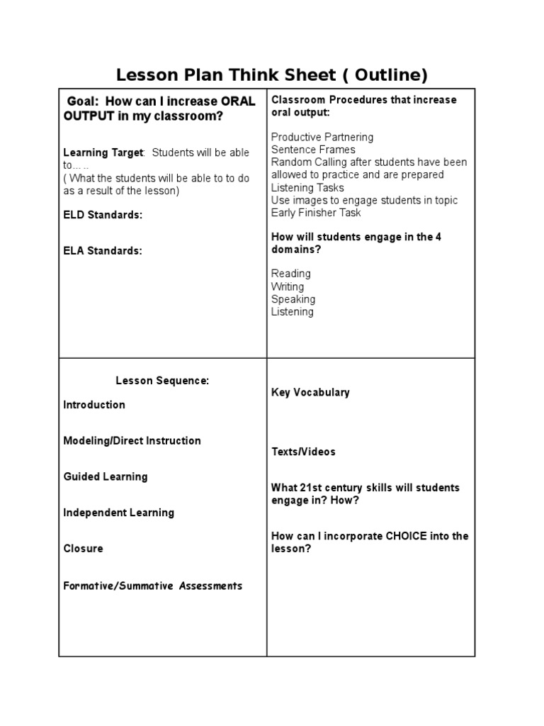 Lesson Plan Think Sheet | PDF