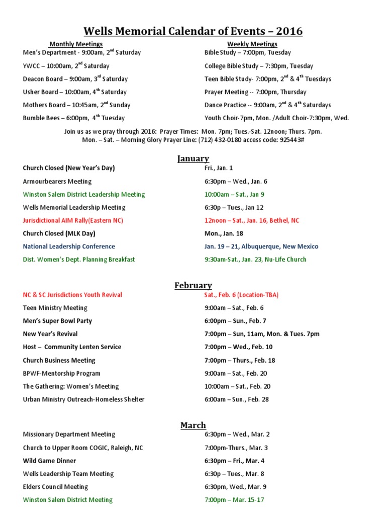 2016 Wells Memorial COGIC Events Calendar | PDF | Christian Behaviour ...
