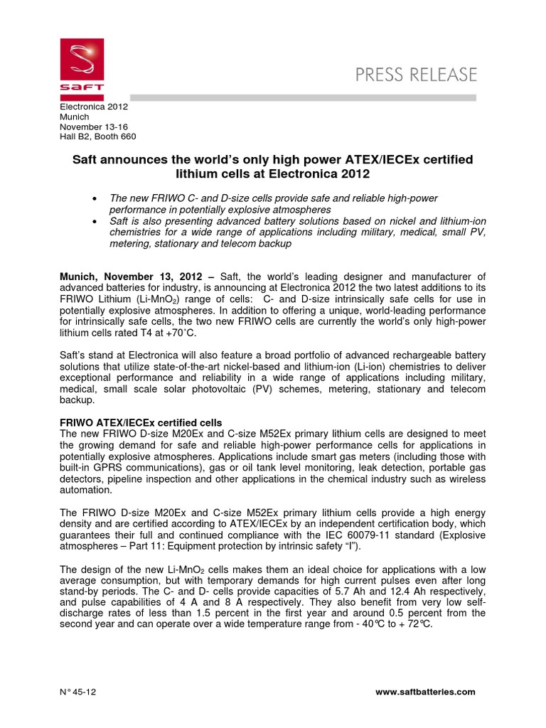 Saft Announces The World'S Only High Power Atex/Iecex Certified Lithium ...