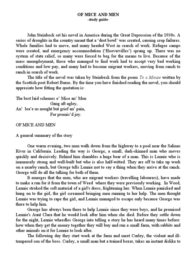 Steinbeck - of Mice and Men - Study Guide | PDF