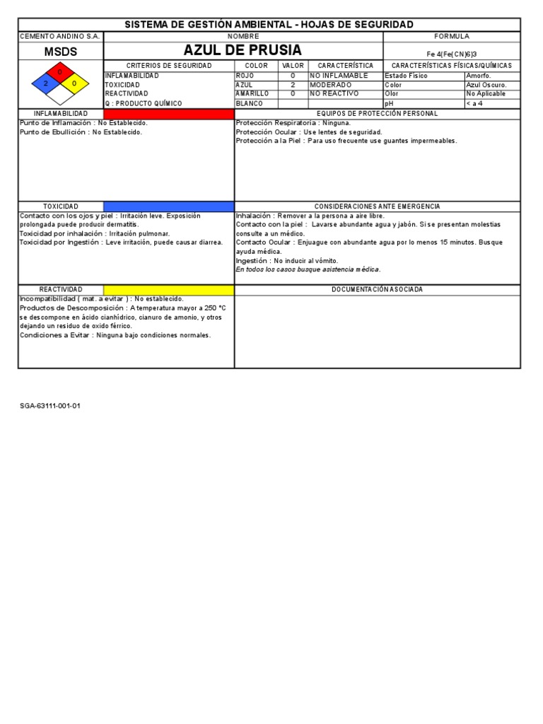 Hoja de seguridad para azul de Prusia que describe sus propiedades ...