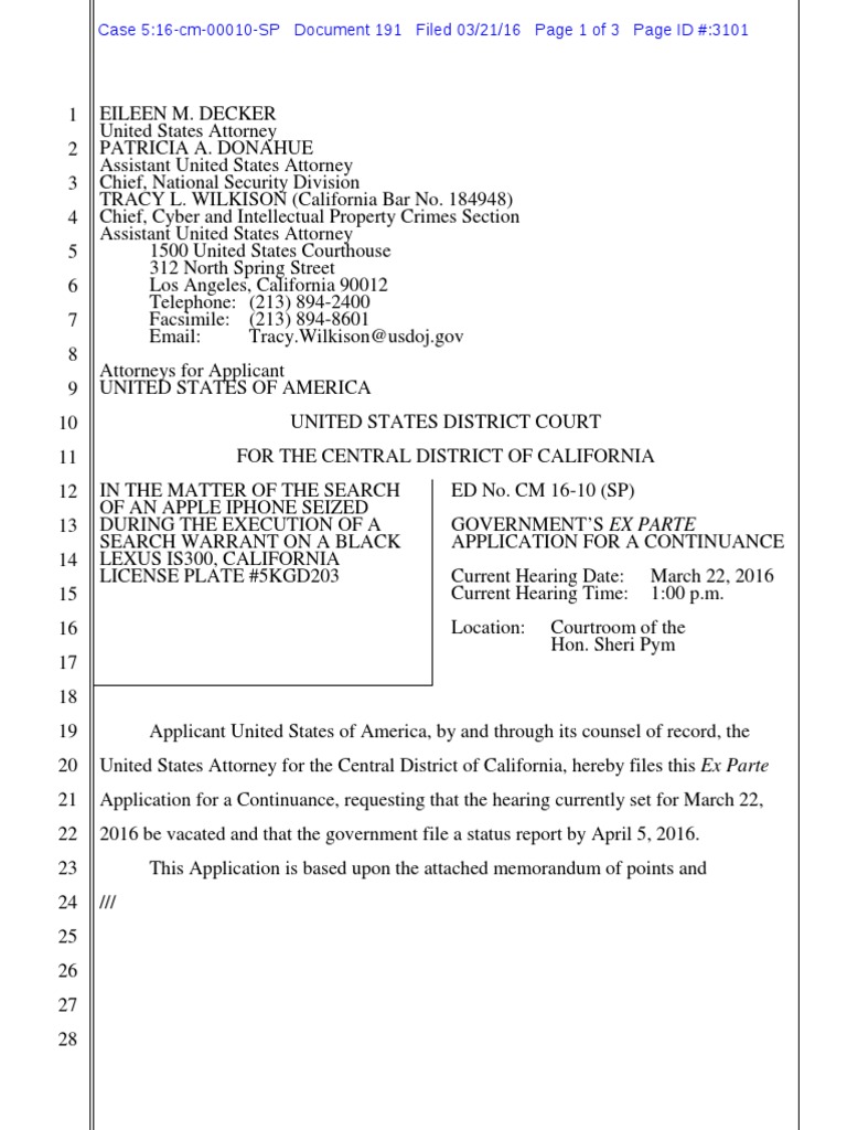 Ex Parte Application For Continuance | PDF | Law