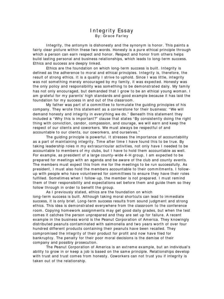 Essay Grace Farley - Integrity | PDF | Integrity | Social Institutions
