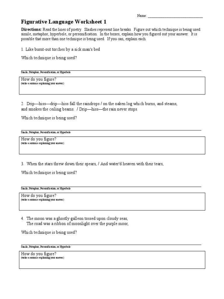 Figurative Language Worksheet 01 | PDF | Metaphor | Philology