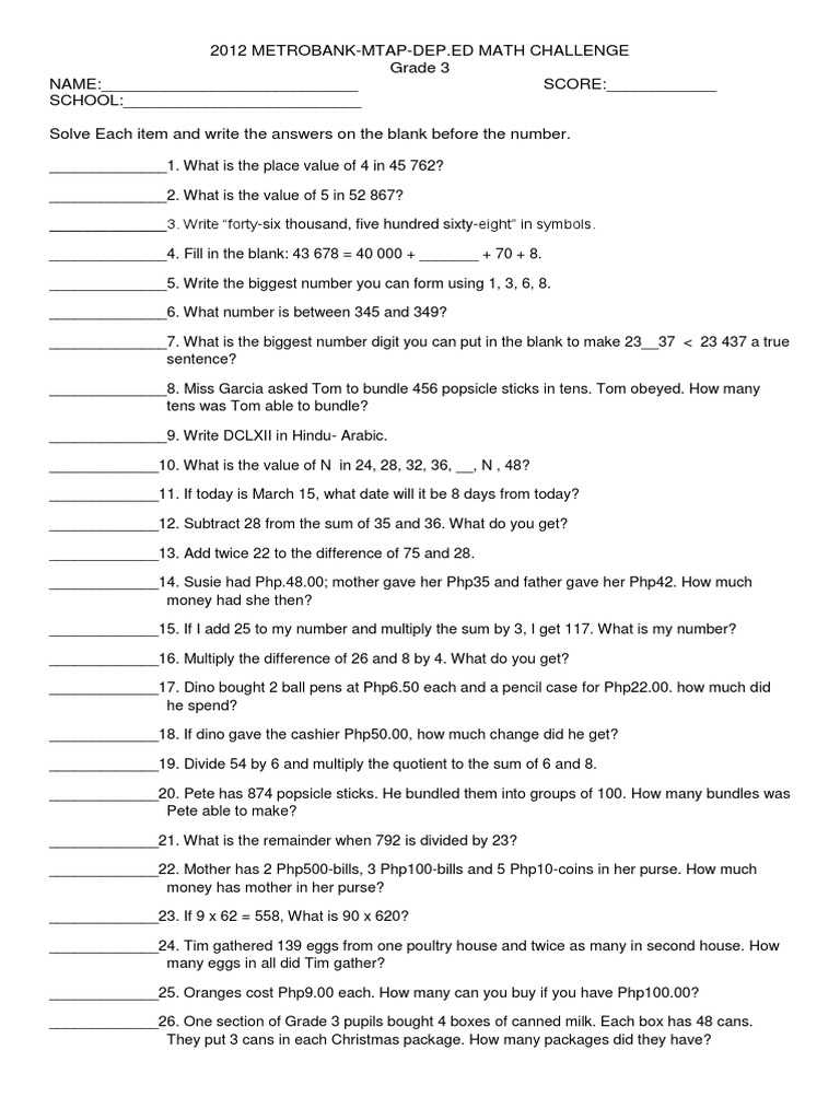2012 Metrobank-mtap-Dep - Ed Math Challenge Reviewer | PDF | Teaching ...