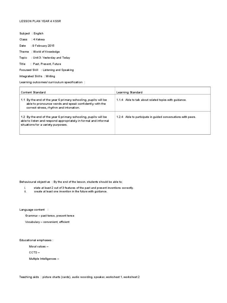 Lesson Plan Year 4 KSSR - Week 2 Ls | PDF | Lesson Plan | Teachers