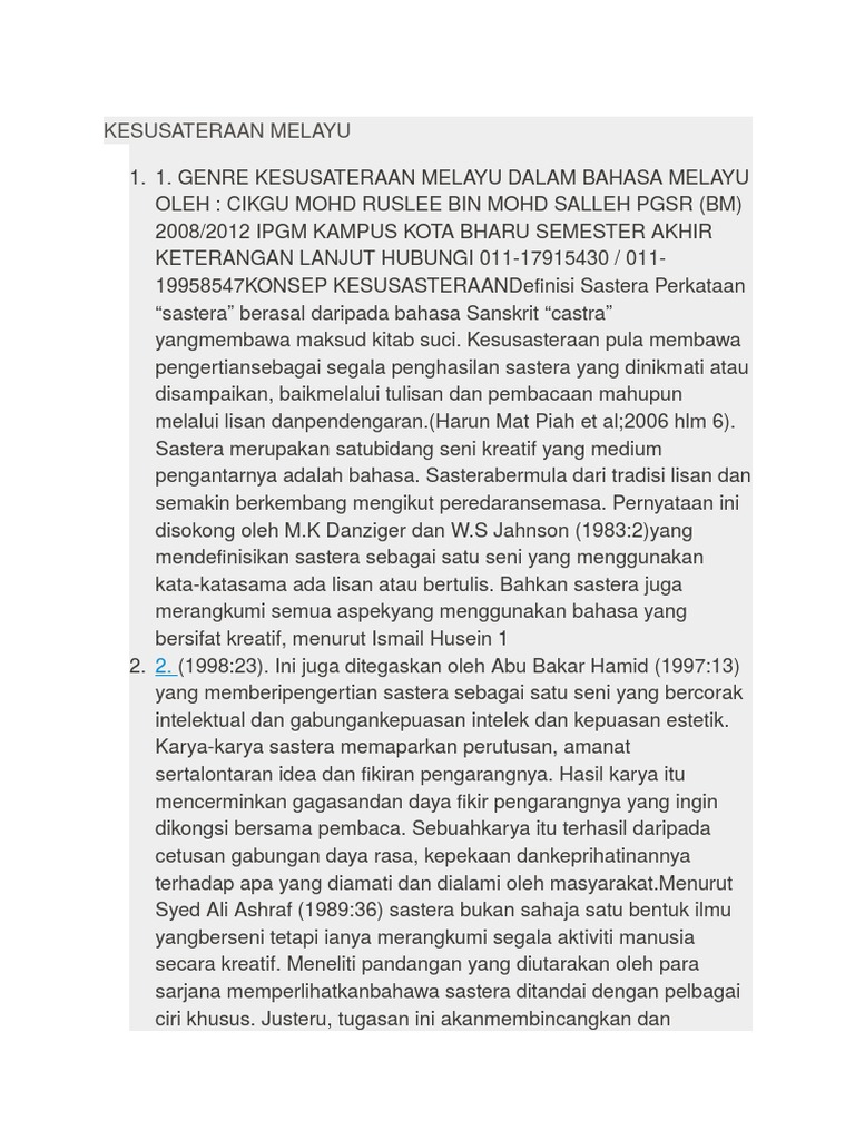 Nota Sastera..Kerja Kursus | PDF