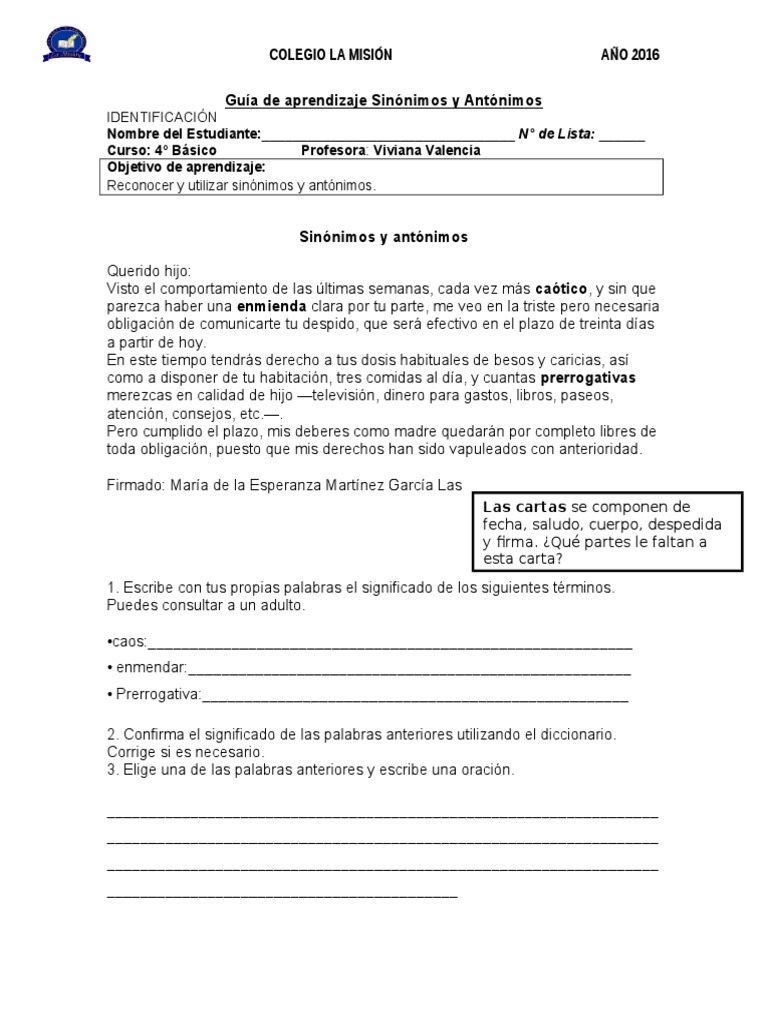 Sinónimos y Antónimos para 4º Básico | PDF