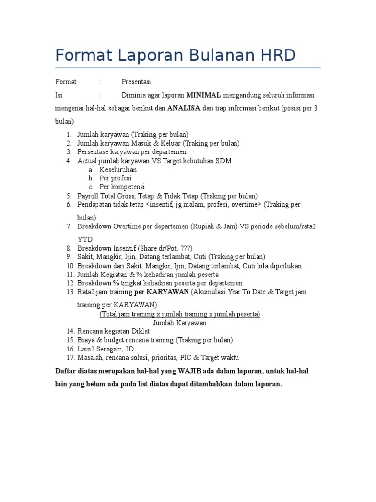 Contoh Laporan Kerja Bulanan Karyawan - Aneka Contoh