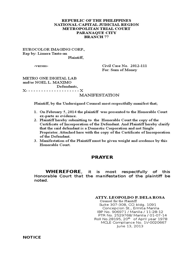 Court Manifestation Submission Sample | PDF | Virtue | Government