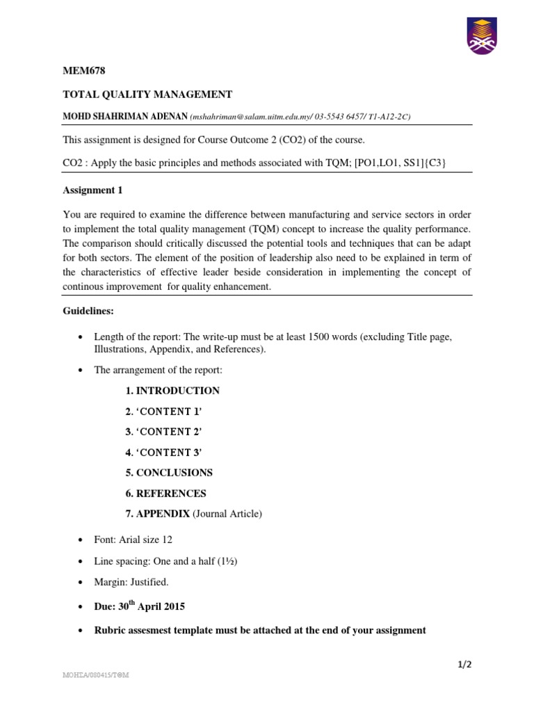 Assignment 1 - MEM678 TQM | PDF | Business | Cognition