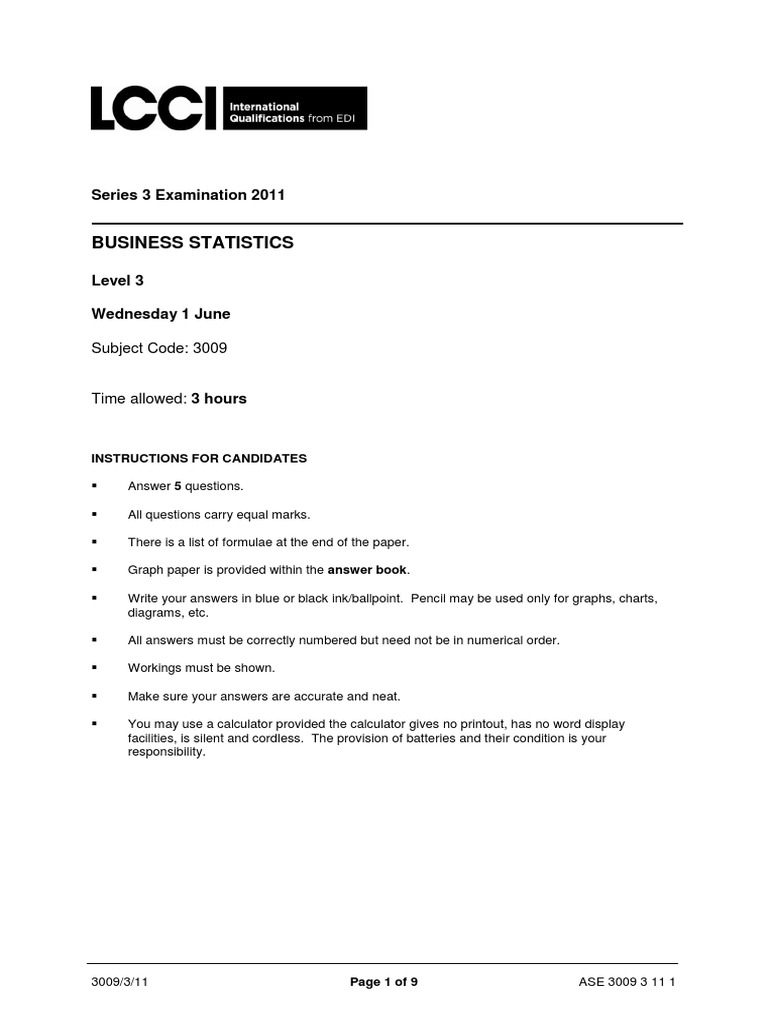 Business Statistics L3 Past Paper Series 3 2011 Pdf Student S T